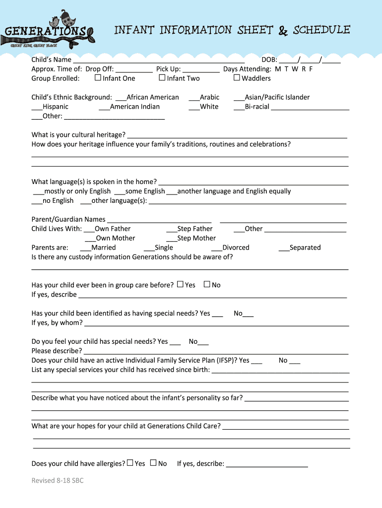 Fillable Online Infant Information Sheet - Generations Care Fax Email ...