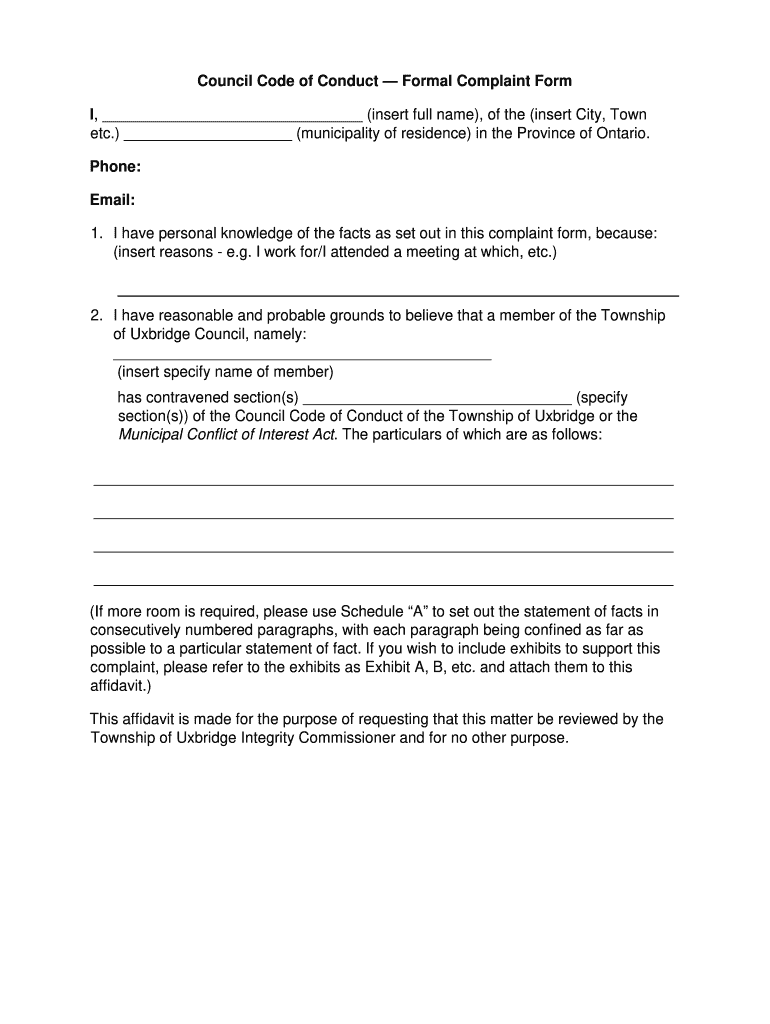 Fillable Online Code of ConductFormal Complaint Form and Affidavit Fax ...