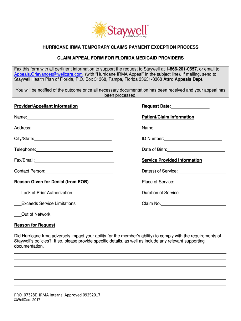 Fillable Online Staywell Hurricane Irma Temporary Claims Payment ...