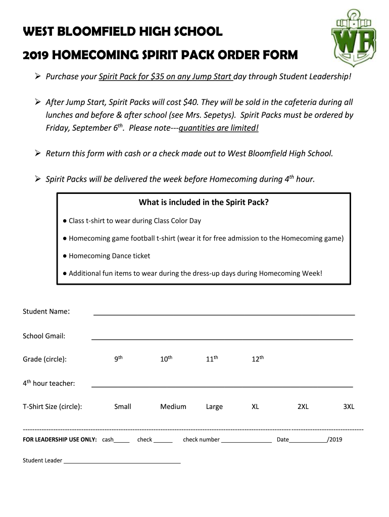 Fillable Online 2019 HOMECOMING SPIRIT PACK ORDER FORM Fax Email Print ...