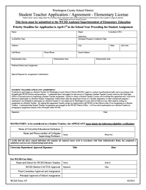 Fillable Online Student Teacher Application / Agreement - Elementary ...
