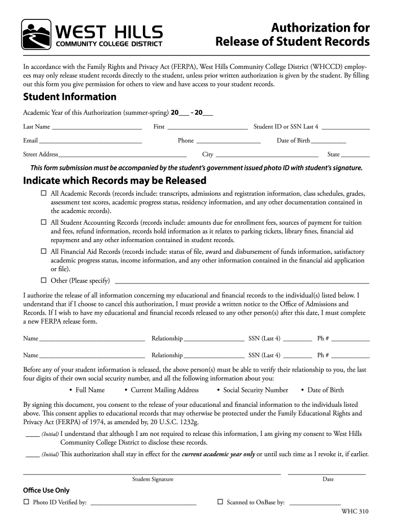 Fillable Online FERPA Authorization for Release of Student Records Fax Email Print - pdfFiller