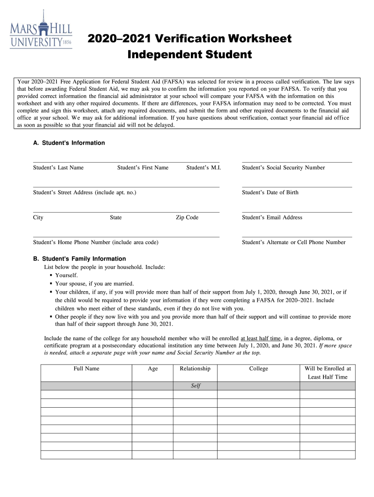 Fillable Online 2020 - 2021 VERIFICATION WORKSHEET Independent Student Fax Email Print - pdfFiller