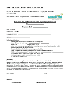 Fillable Online Healthiest Loser Registration & Disclaimer Form Fax ...