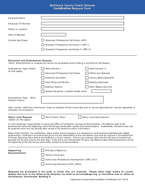 Fillable Online BCPS Certification Request Form - Baltimore County ...