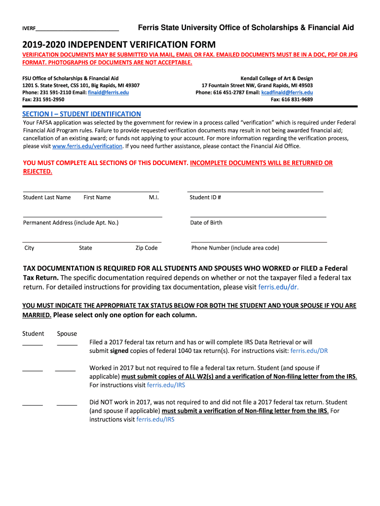 Fillable Online 2020-2021 independent verification form - Ferris State ...