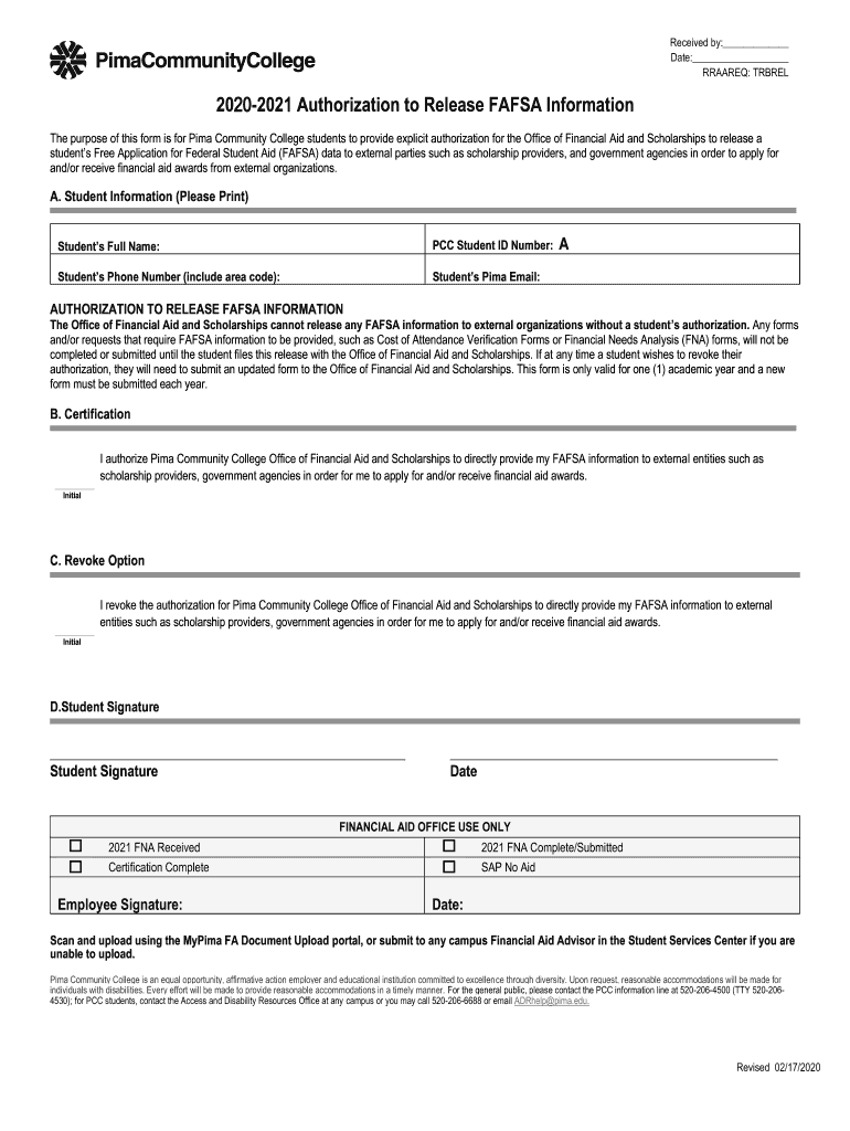 Fillable Online 2020-2021 Authorization to Release FAFSA Information ...