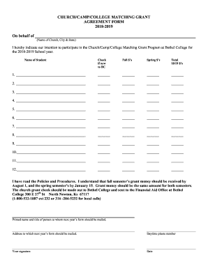 Fillable Online 2018-2019 Church Grant Agreement Form Fax Email Print ...