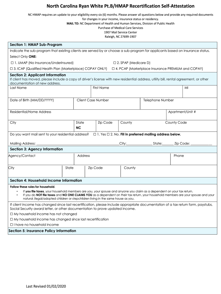 Fillable Online North Carolina Ryan White Pt.B/HMAP Recertification ...