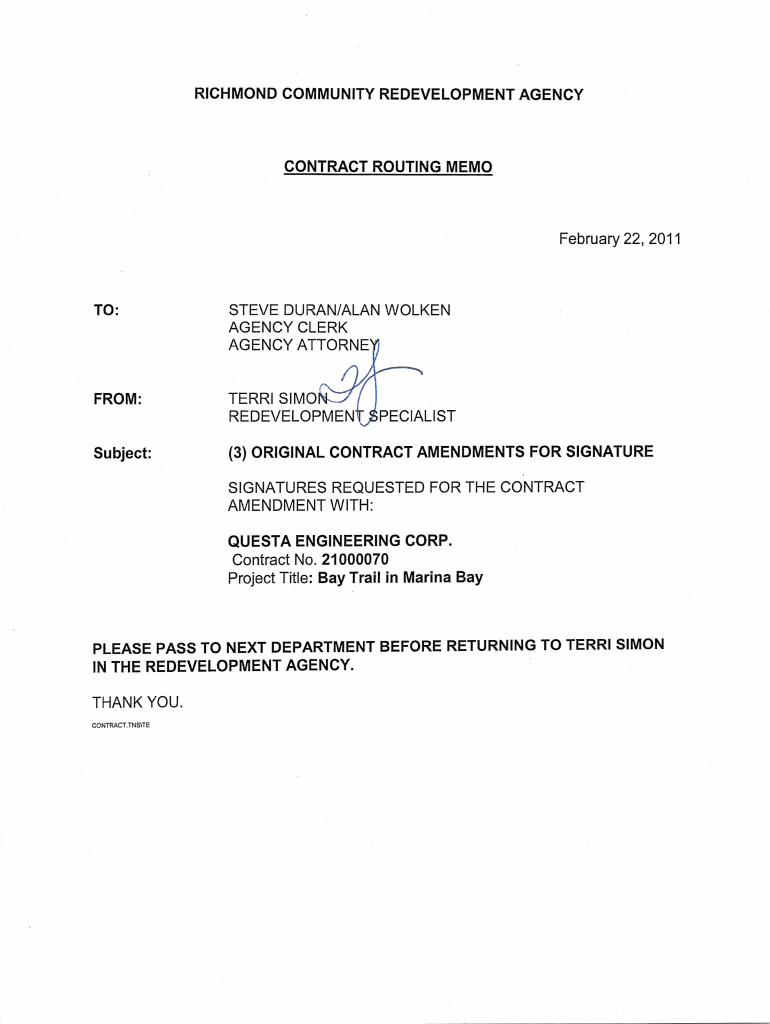 Fillable Online CONTRACT ROUTING MEMO TO: STEVE DURAN/ALAN WOLKEN ...