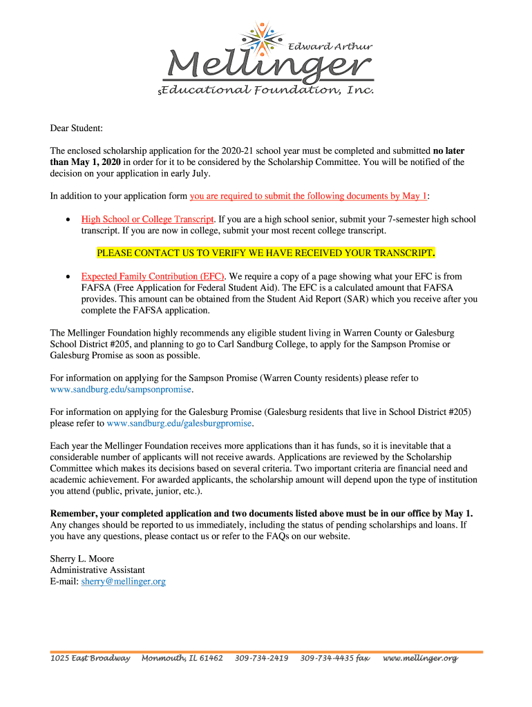 Fillable Online The enclosed scholarship application for the 2020-21 ...