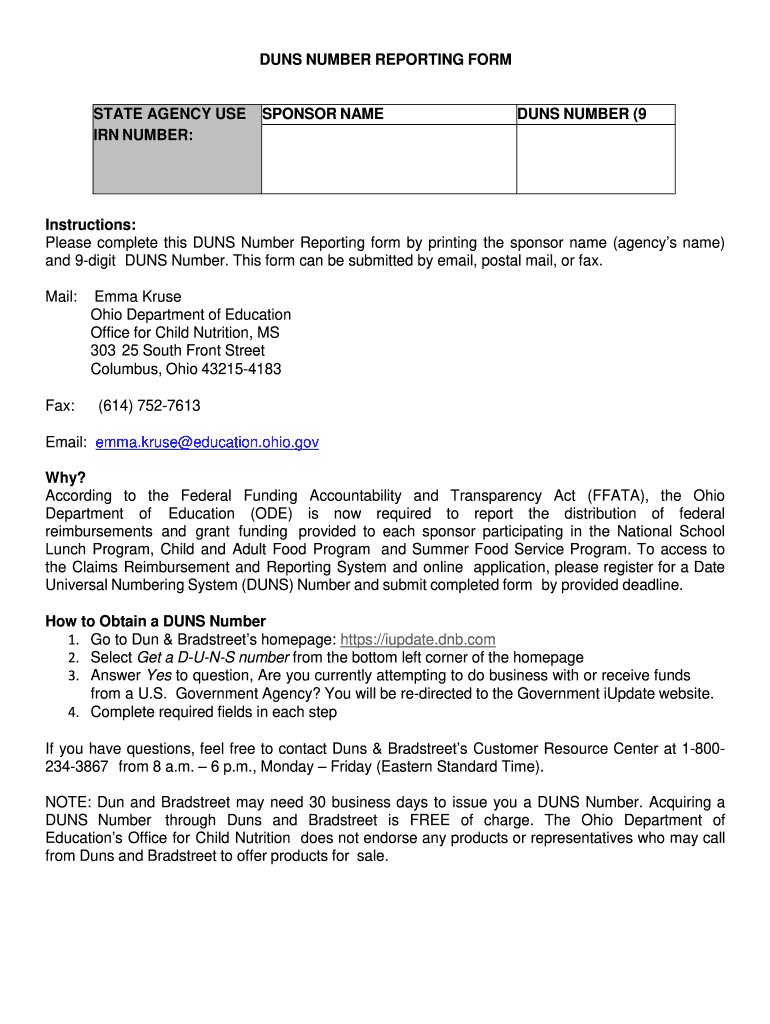 Fillable Online DUNS Reporting Form Fax Email Print - pdfFiller
