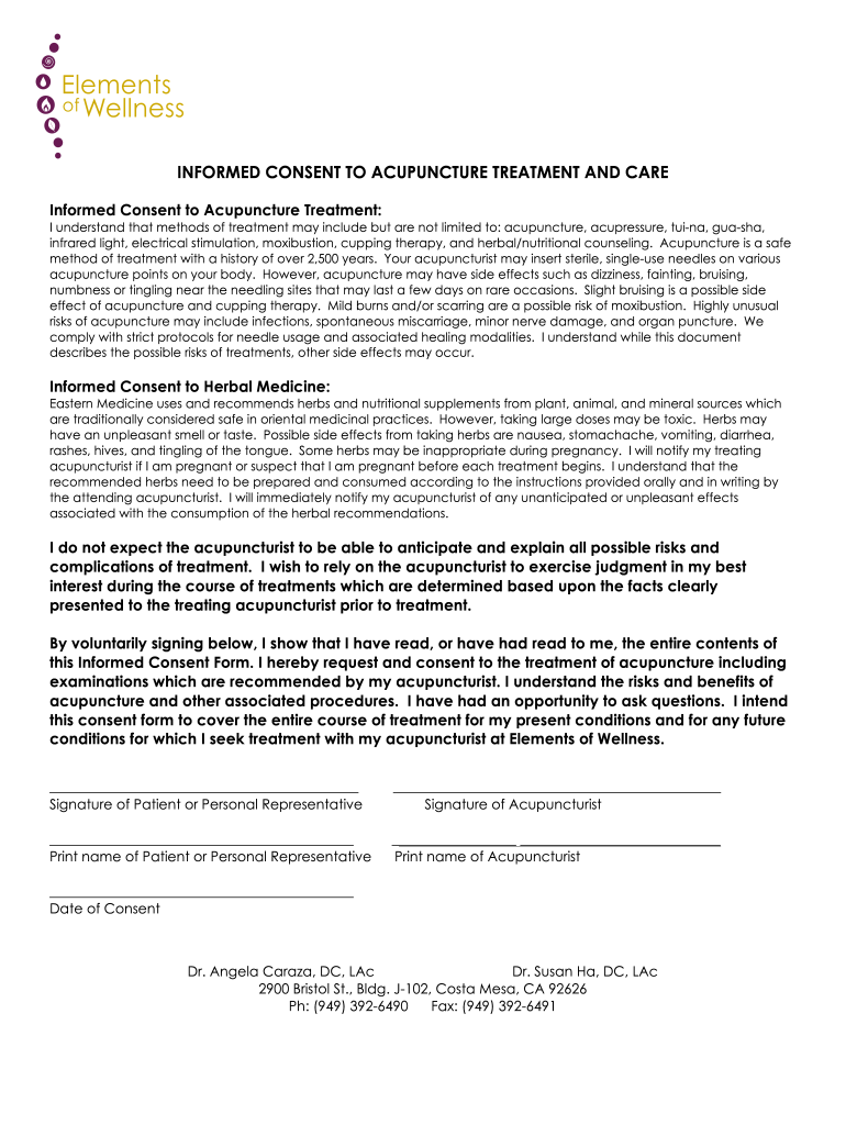 Fillable Online Informed Consent To Treatment - Lotus Acupuncture and ...