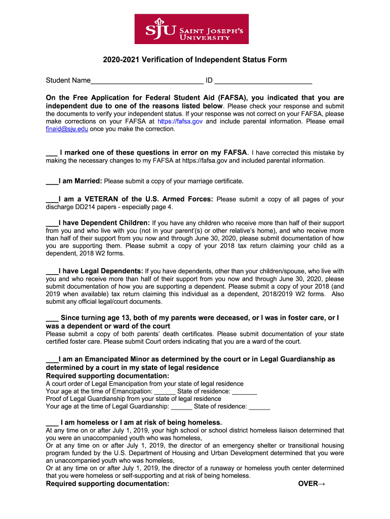 Fillable Online 2020-2021 Verification of Independent Status Form ...