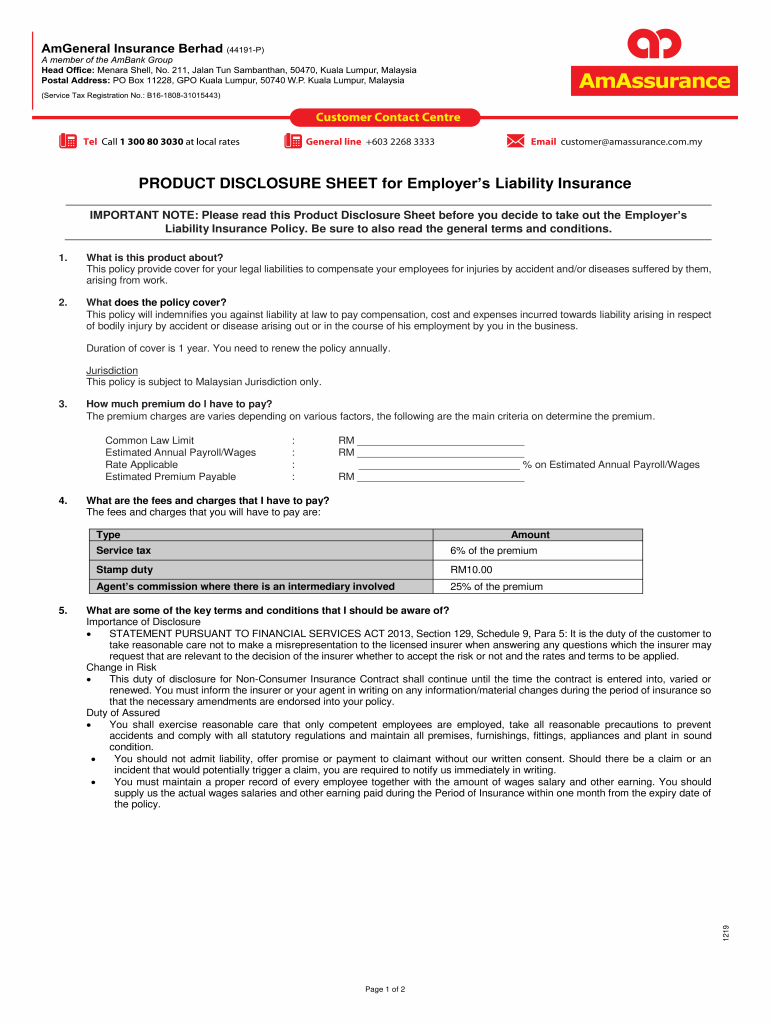 Fillable Online PRODUCT DISCLOSURE SHEET for Employers Liability ...