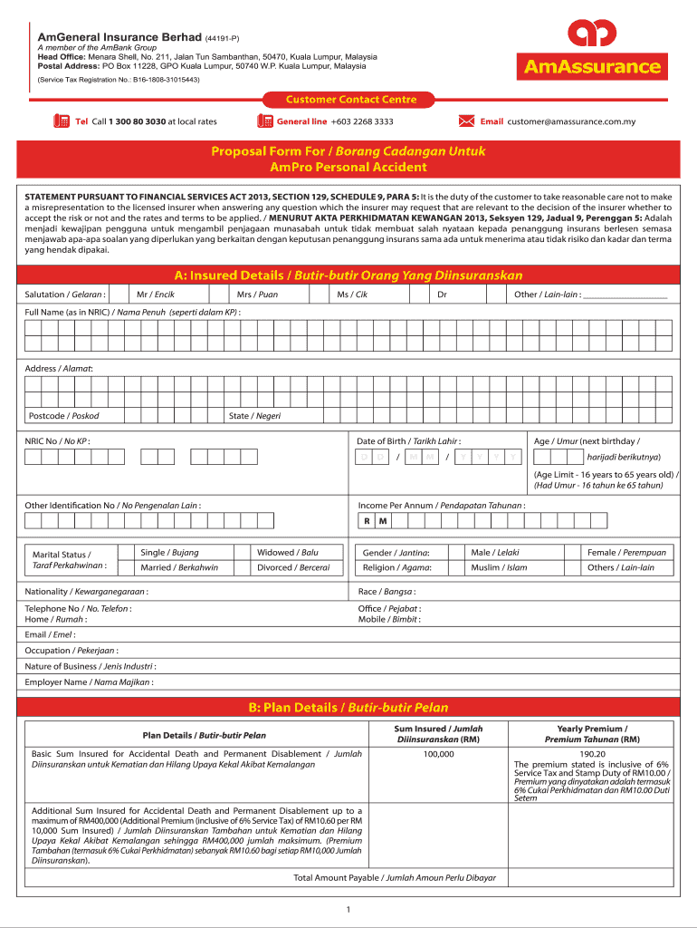 Fillable Online AmGeneral Insurance Berhad A member of the AmBank Group ...