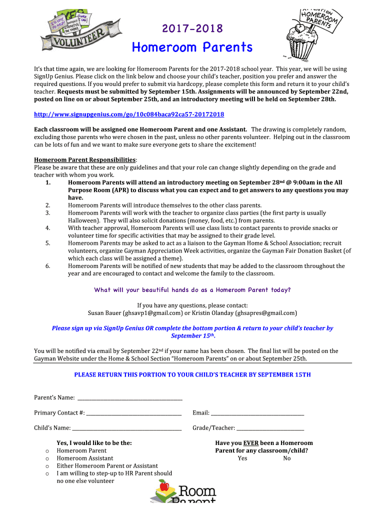 Fillable Online 2017-2018 Request for Homeroom Parents Letter Fax Email ...