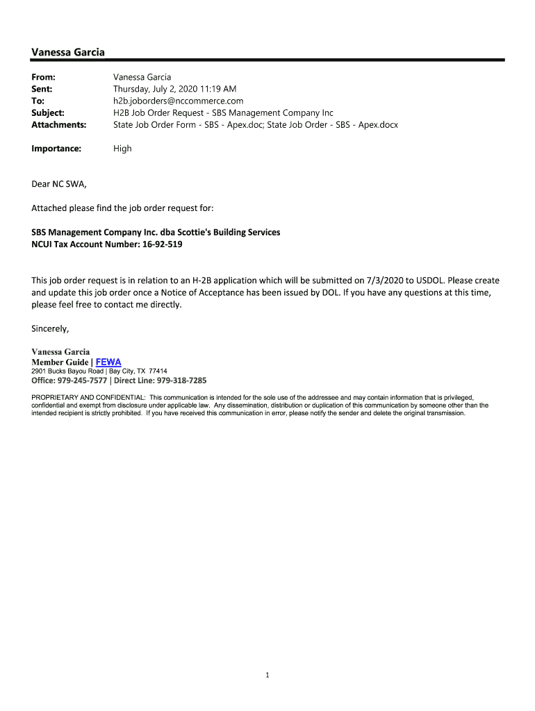 Fillable Online H2B Job Order Request - SBS Management Company Inc Fax ...