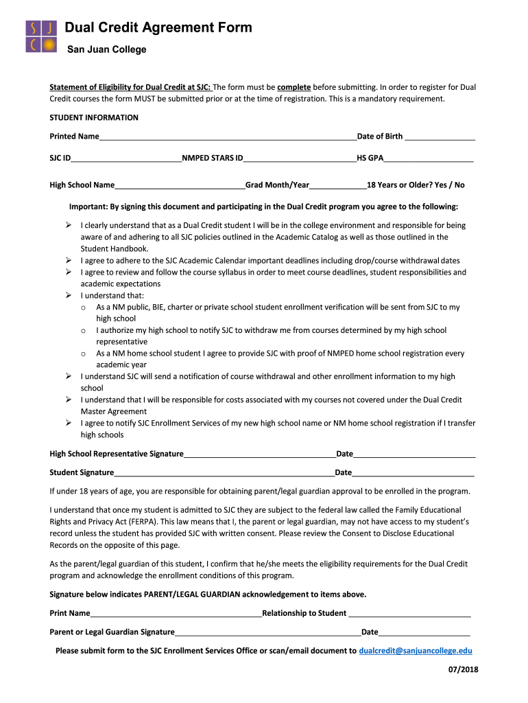 Fillable Online Dual Credit Agreement Form - San Juan College Fax Email Print - pdfFiller