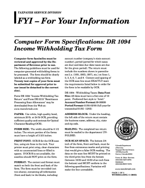 Fillable Online FYI Sales 7 Computer Form Specifications: DR 0100 ...