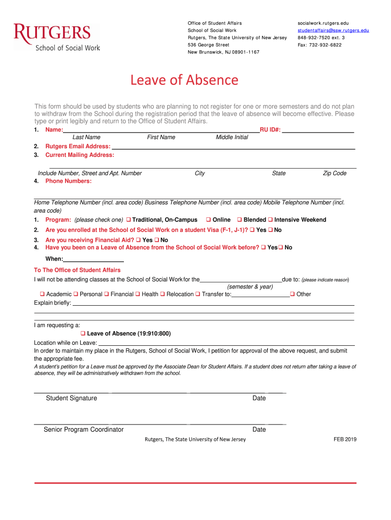 Fillable Online Leave of Absence - Rutgers School of Social Work Fax ...