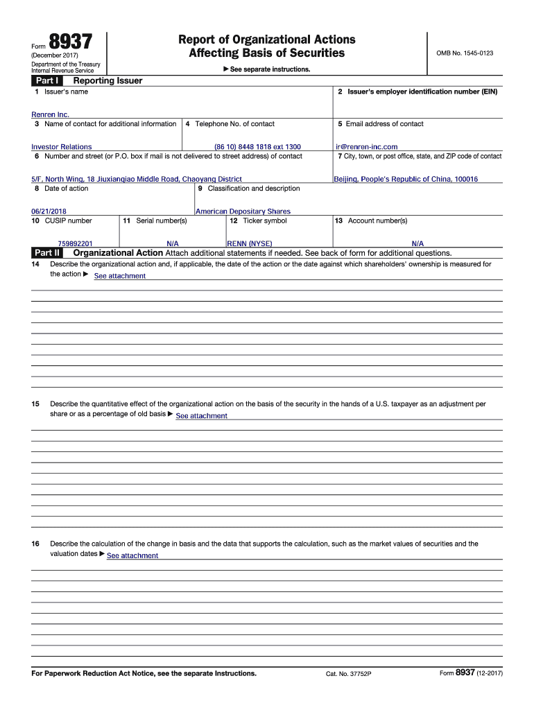 Fillable Online IRS Form 8937 - Renren Inc. Fax Email Print - pdfFiller