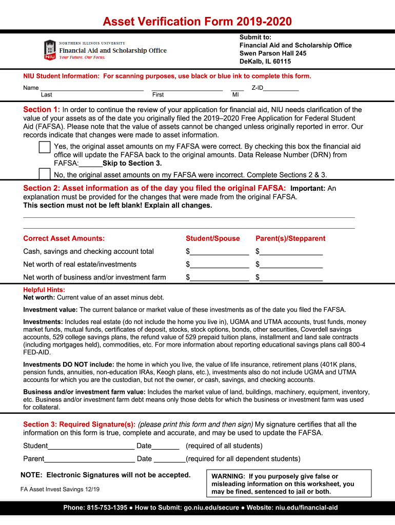 Fillable Online Fillable Online Asset Verification Form 2018-2019 Fax ...