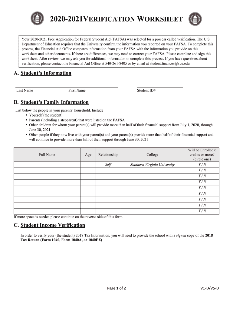 Fillable Online 2020 2021 Verification Worksheet Independent Student Fax Email Print - pdfFiller