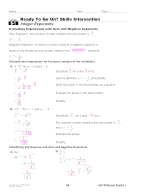 Fillable Online Evaluating Expressions with Zero and Negative Exponents ...