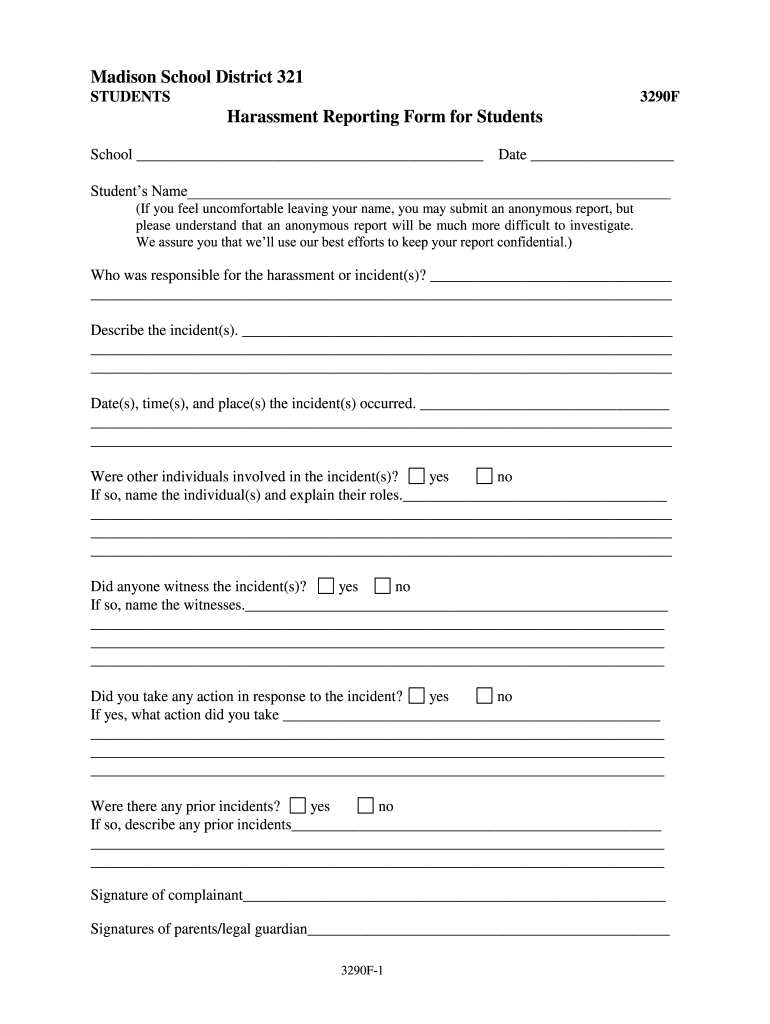 Fillable Online Madison School District 321 STUDENTS 3290F Harassment ...