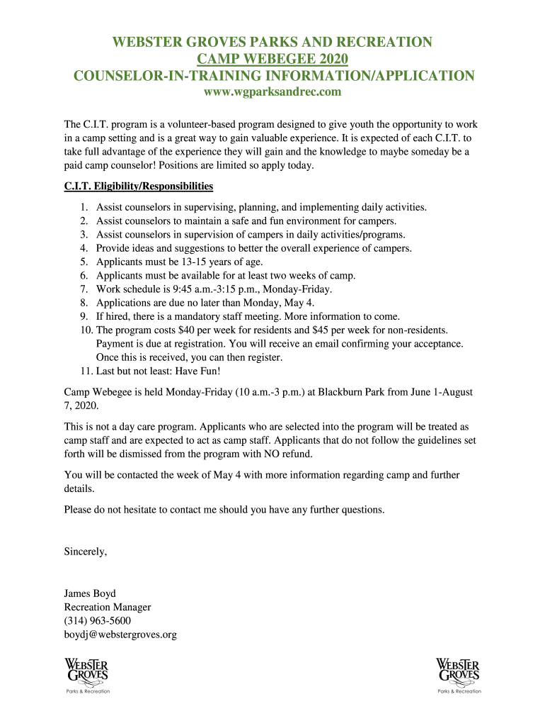 Fillable Online webster groves parks and recreation camp webegee 2020 ...