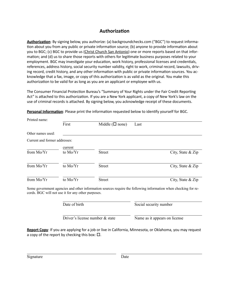 Fillable Online FCRA Authorization (BGC) Fax Email Print - pdfFiller