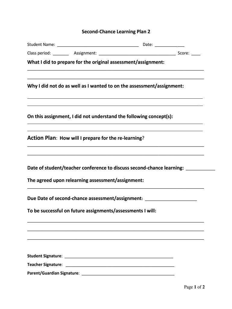 Fillable Online Second-Chance Learning Plan 2 What I did to prepare for ...