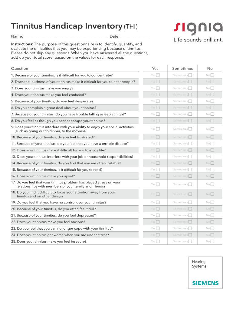 Fillable Online Tinnitus Handicap Inventory (THI) - American Tinnitus ...