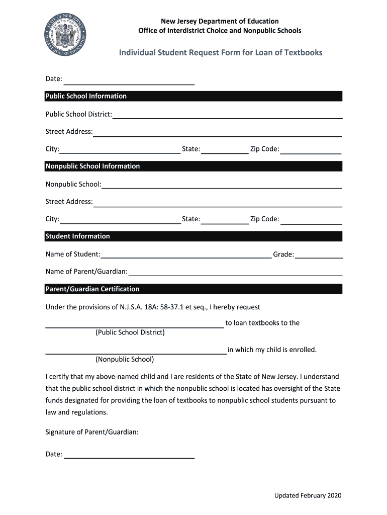 Fillable Online Individual Student Request Form for Loan of Textbooks ...
