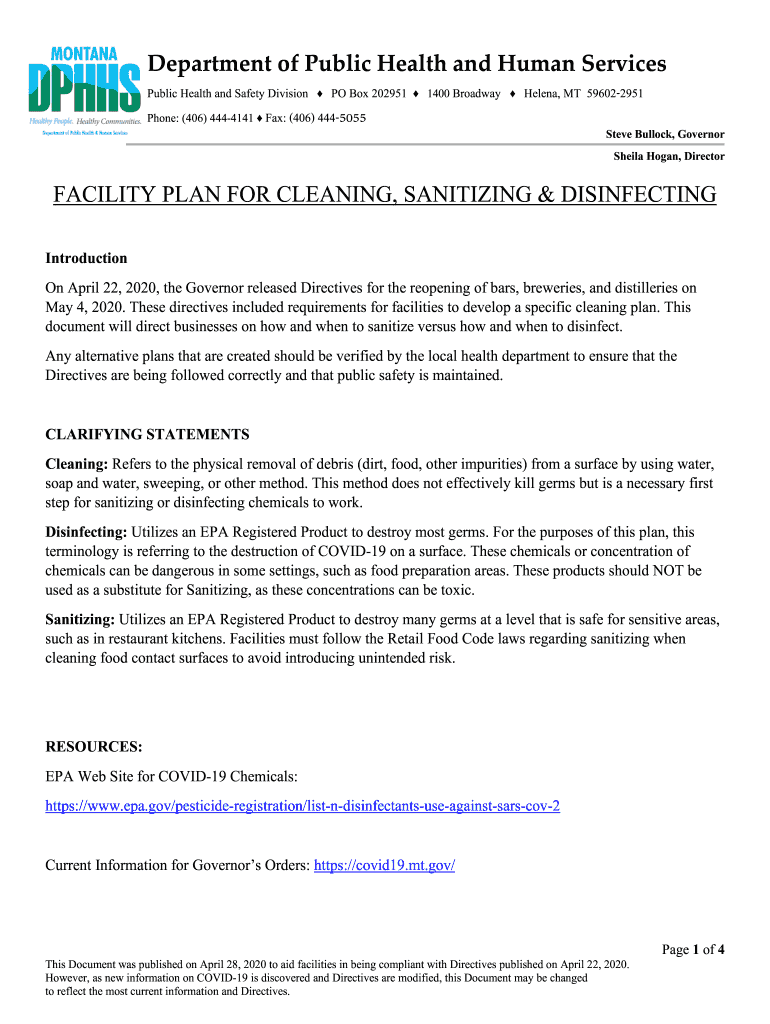 Fillable Online Facility Plan for Cleaning, Sanitizing & Disinfecting ...