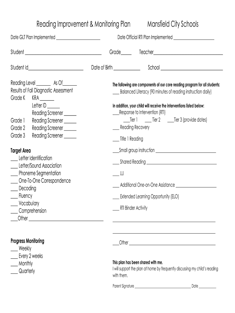 Fillable Online Reading Improvement & Monitoring Plan Fax Email Print ...