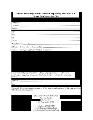 Fillable Online Parent/Adult Registration Form for Expanding Your Horizons ... Fax Email Print ...