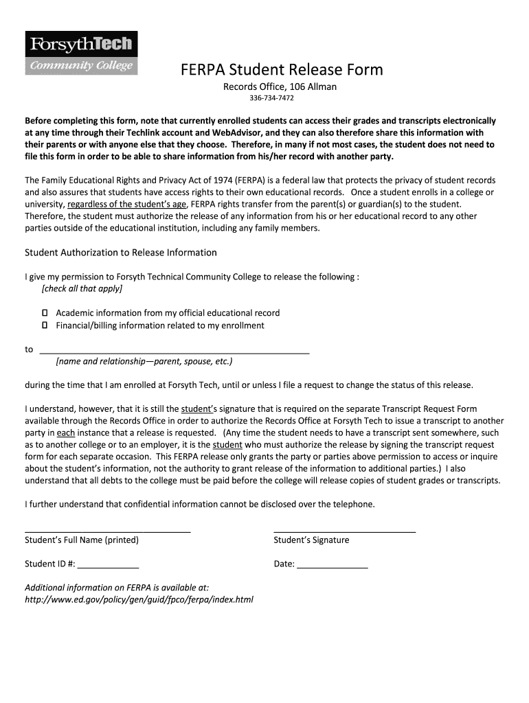 Fillable Online FERPA Student Release Form Fax Email Print - pdfFiller