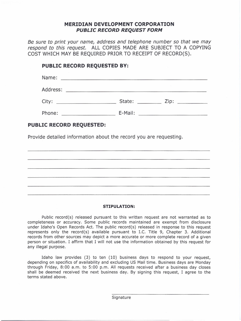 Fillable Online MERIDIAN DEVELOPMENT CORPORATION PUBLIC RECORD REQUEST FORM Fax Email Print ...