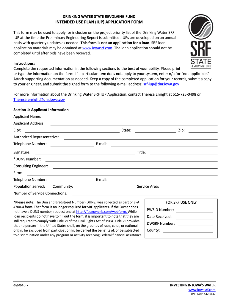 Fillable Online Drinking Water SRF IUP Application Form - Iowa DNR Fax ...