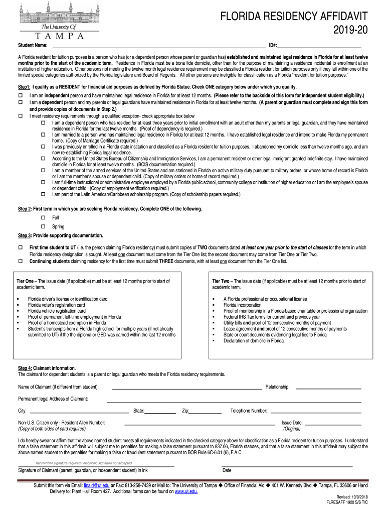 Fillable Online Florida Residency Affidavit 2019-20. Residency ...