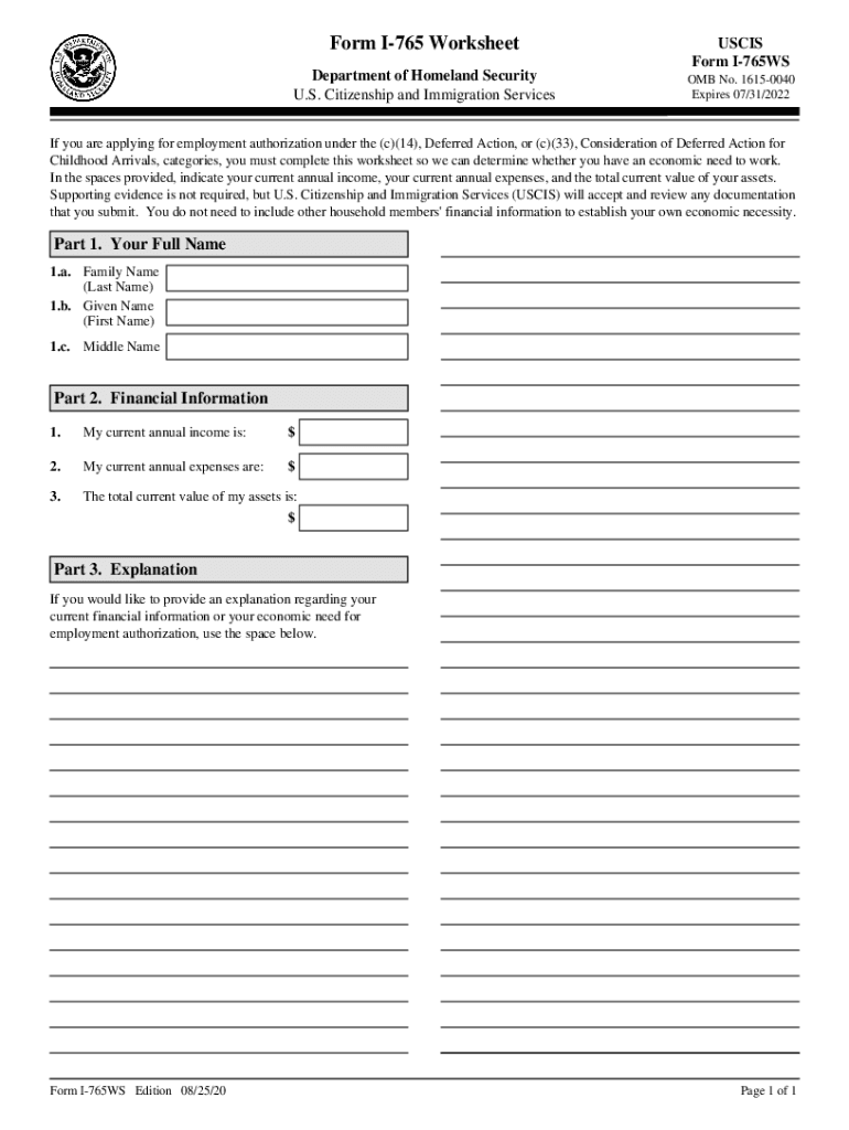 2020 Form USCIS I 765WS Fill Online Printable Fillable Blank PdfFiller 2020 Form USCIS I 765WS Fill Online Printable Fillable Blank PdfFiller