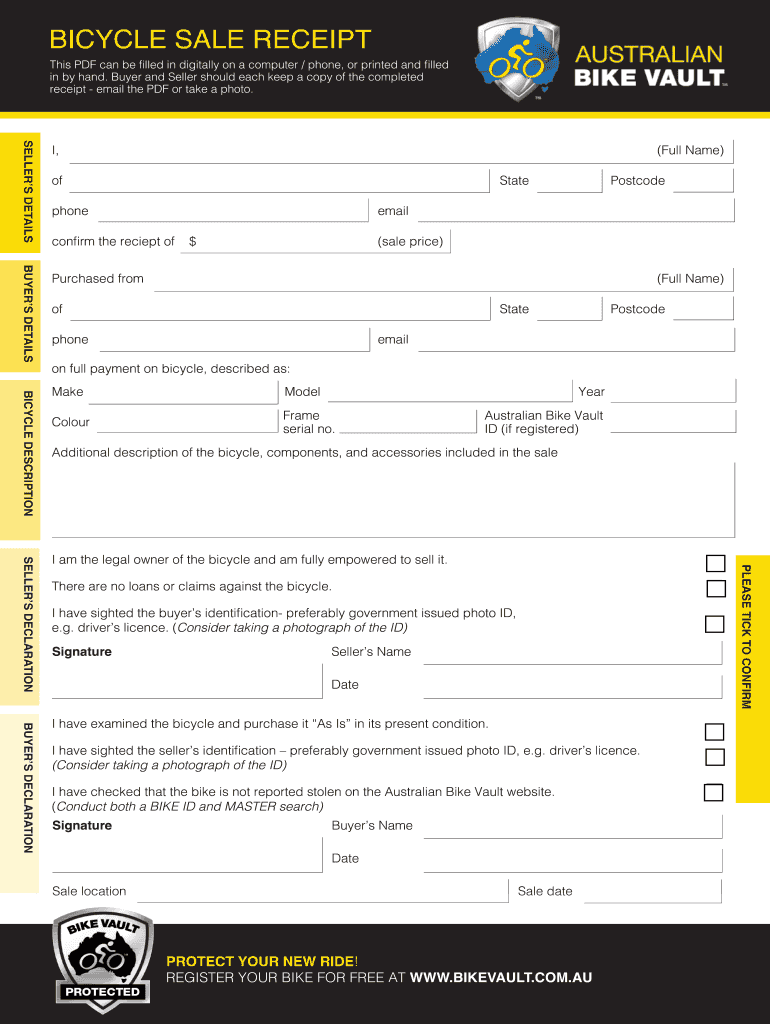 Fillable Online BICYCLE SALE RECEIPT Fax Email Print - pdfFiller