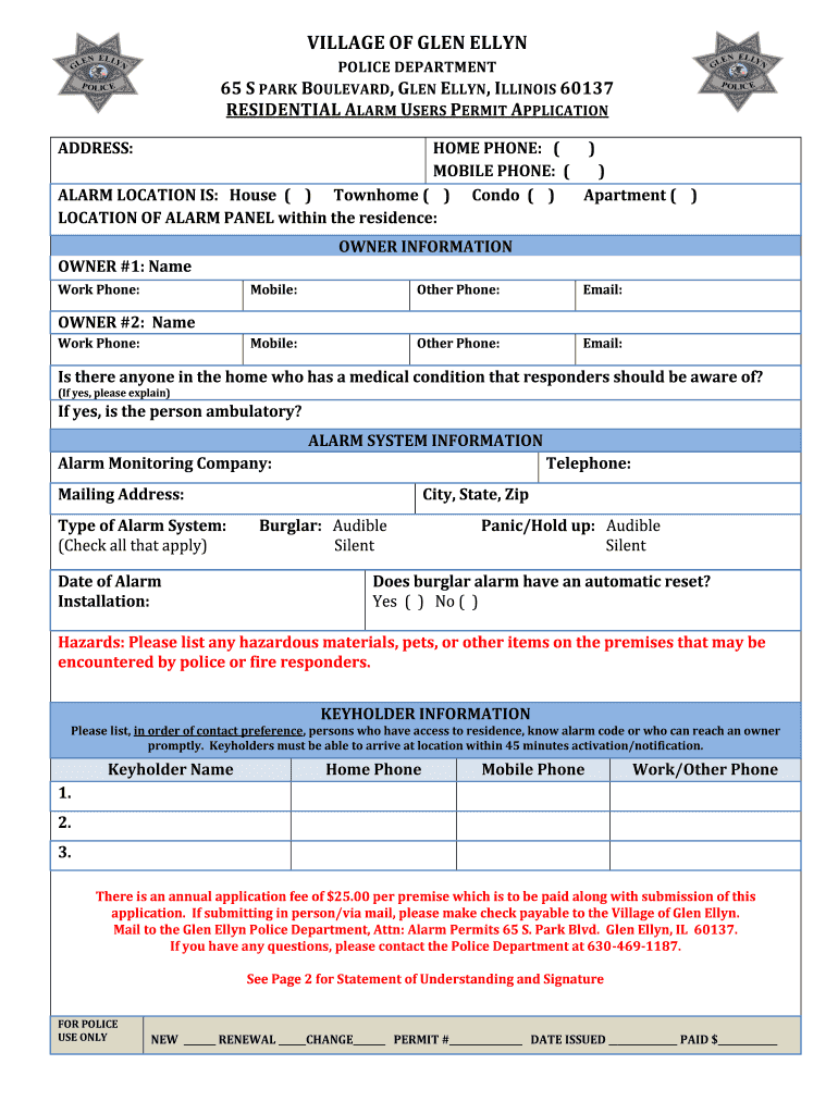 Fillable Online Residential Alarm Permit Application - Village of Glen ...