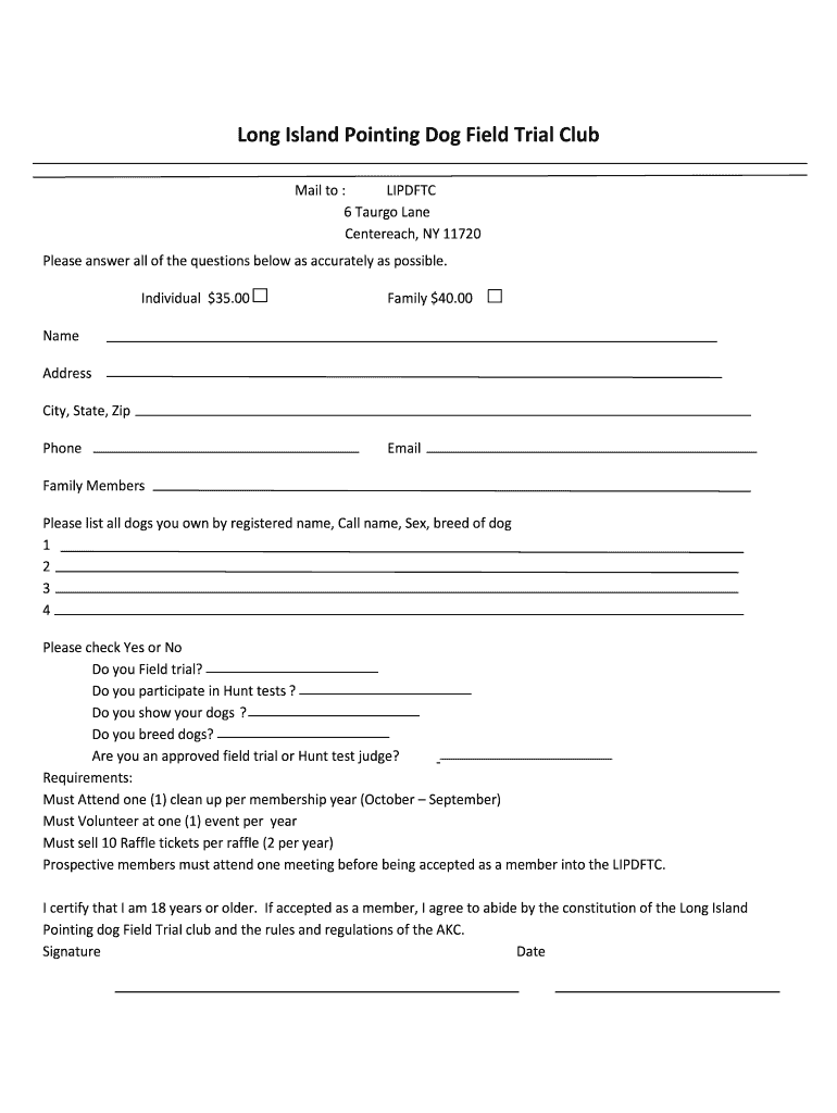Fillable Online Long Island Pointing Dog Field Trial ... - American ...