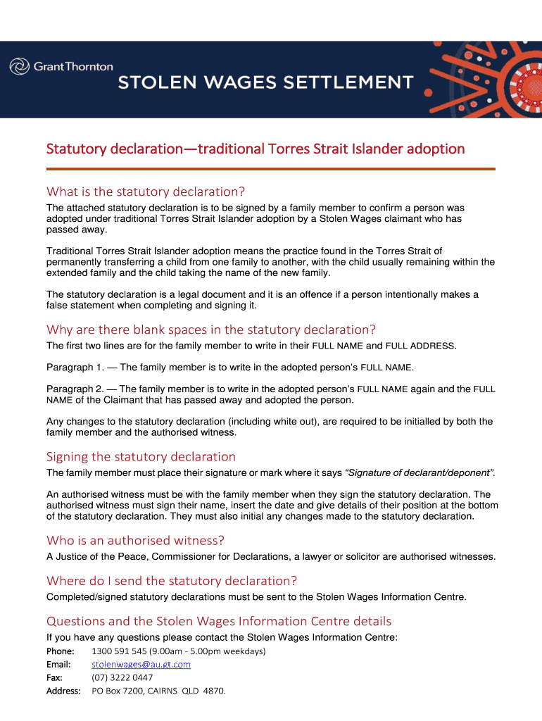 Fillable Online Statutory declarationtraditional Torres Strait Islander ...
