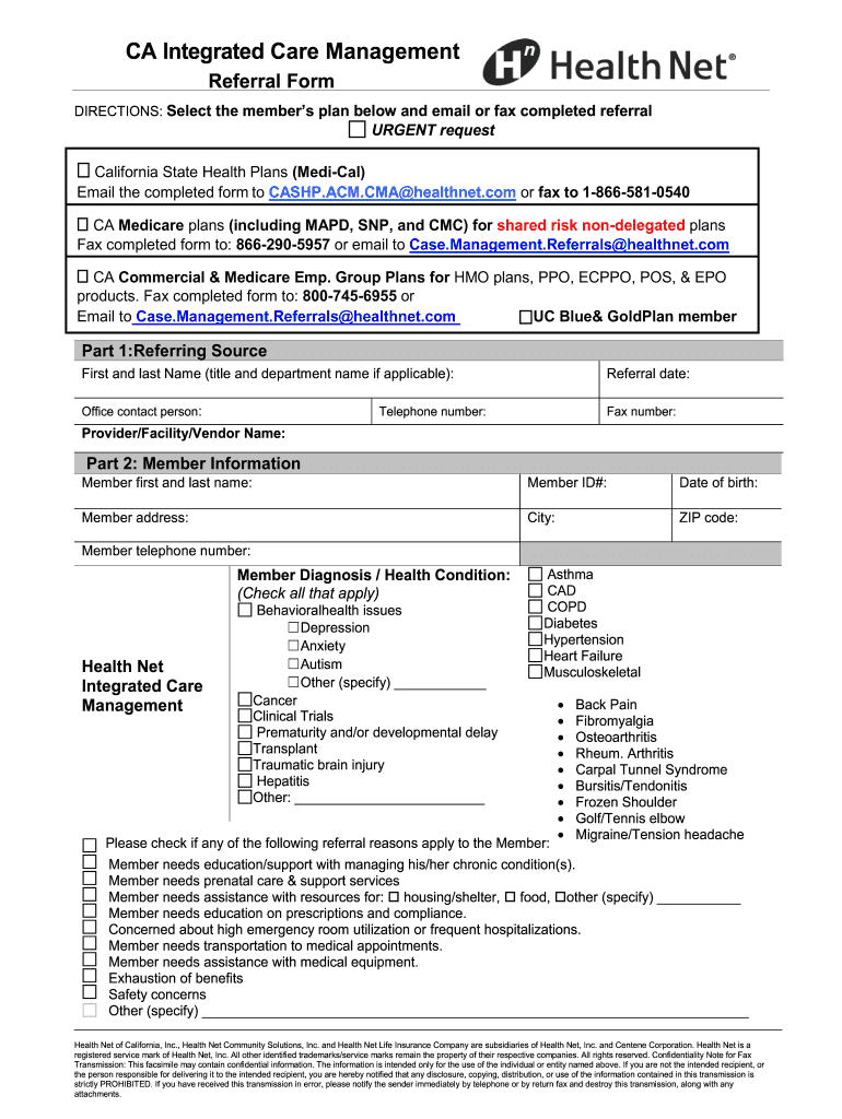 Fillable Online CA Integrated Care Management Referral Form. HNCA CM ...