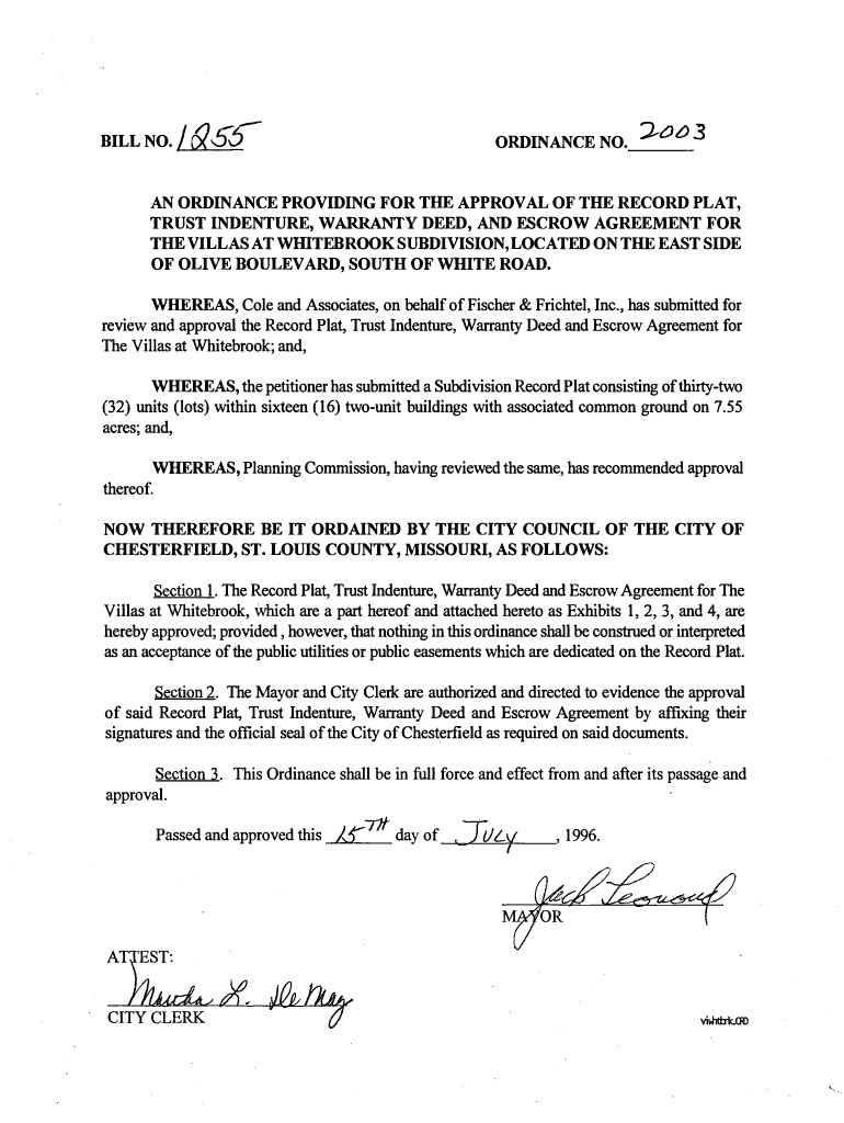 Fillable Online Ordinance 2003. 12552003PROVIDES FOR THE APPROVAL OF ...