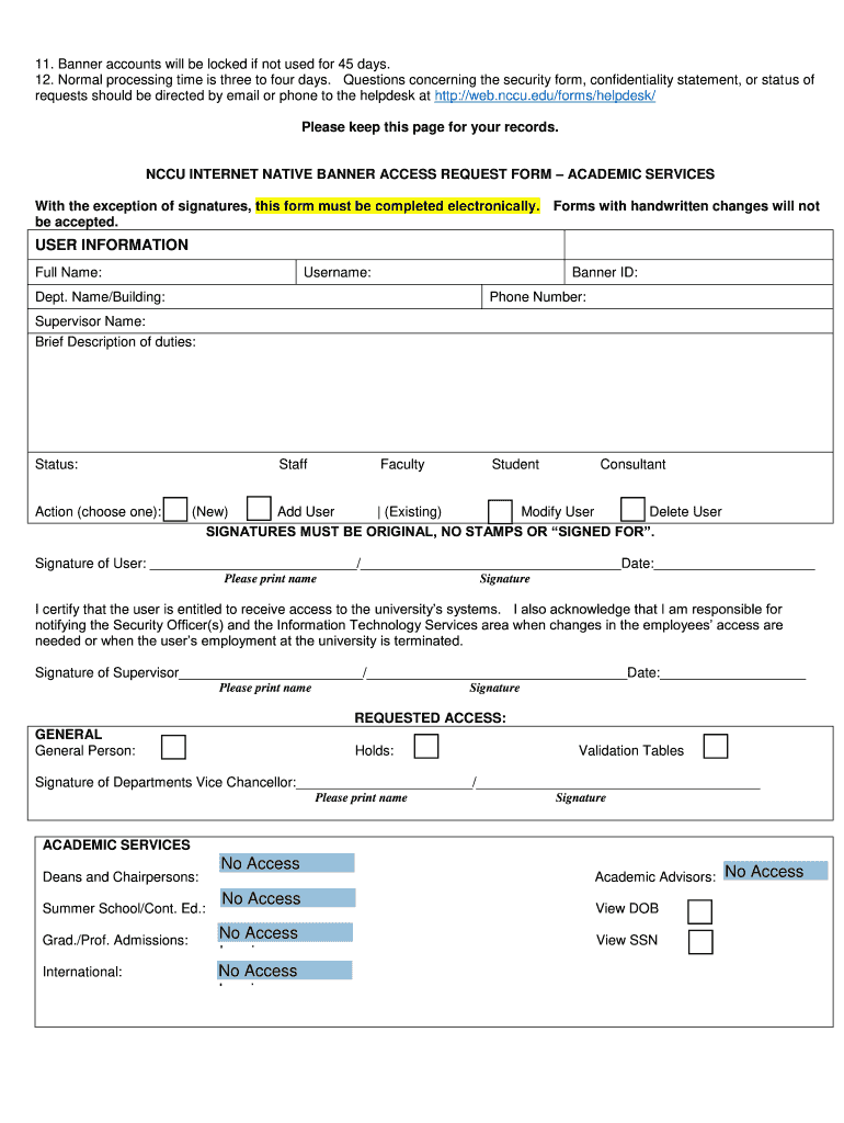 Fillable Online NCCU INTERNET NATIVE BANNER ACCESS REQUEST FORMSTUDENT MODULE Fax Email Print ...